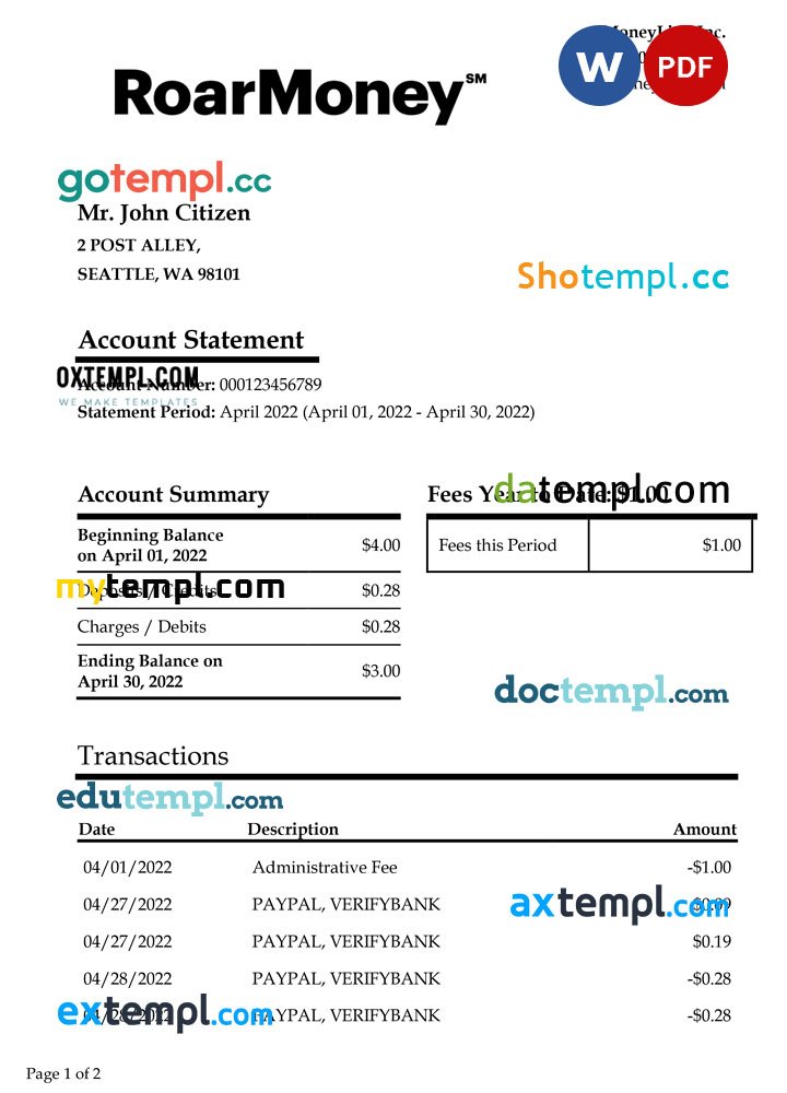 USA Moneylion bank statement Word and PDF template, 2 pages