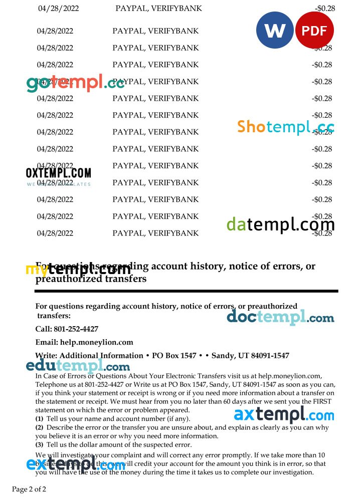 USA Moneylion bank statement Word and PDF template, 2 pages