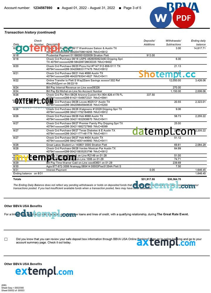 USA BBVA bank statement Word and PDF template, 5 pages