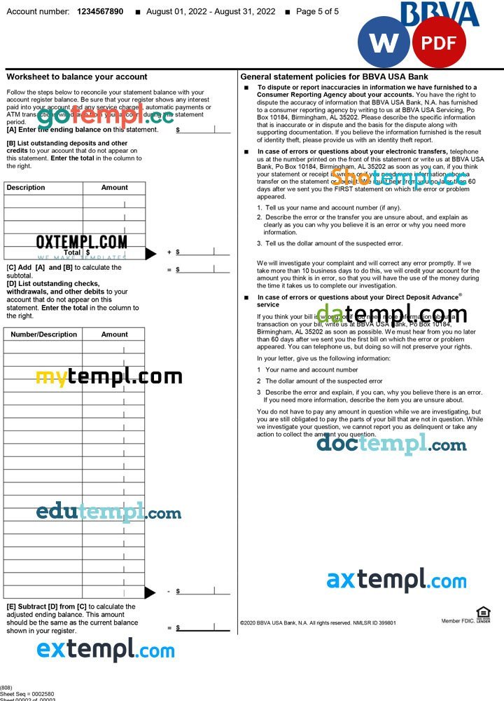 USA BBVA bank statement Word and PDF template, 5 pages
