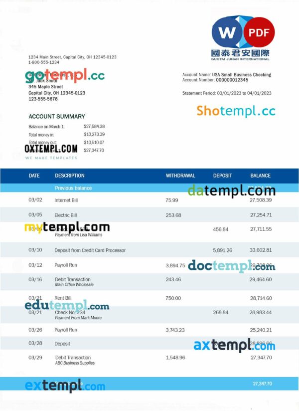 Guotai Junan Securities bank corporate checking account statement Word ...