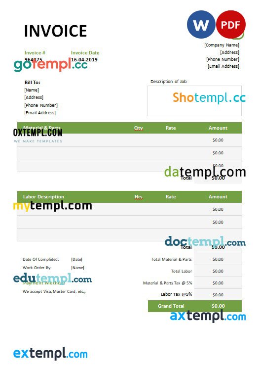 Garage Invoice template in word and pdf format