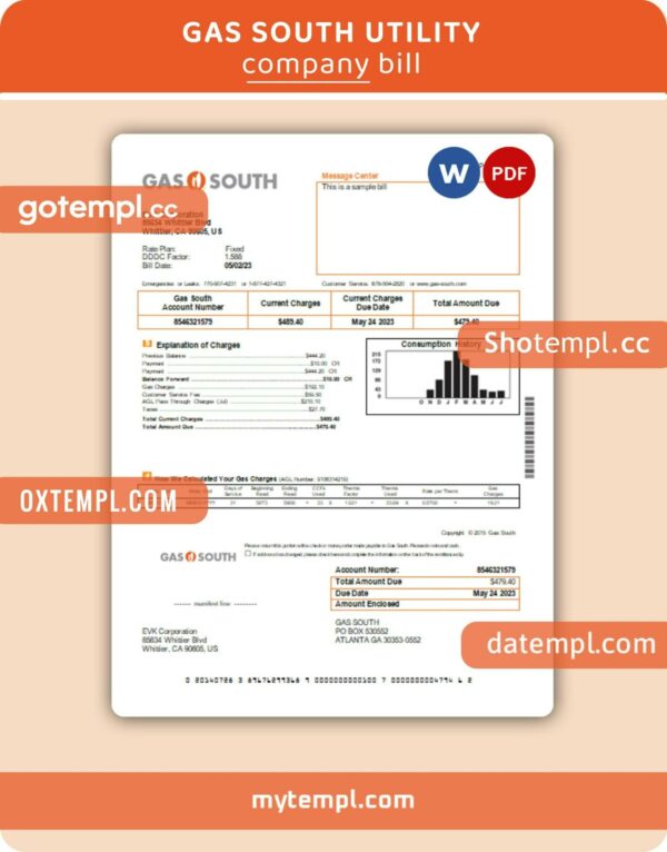 Gas South electricity business utility bill, Word and PDF template