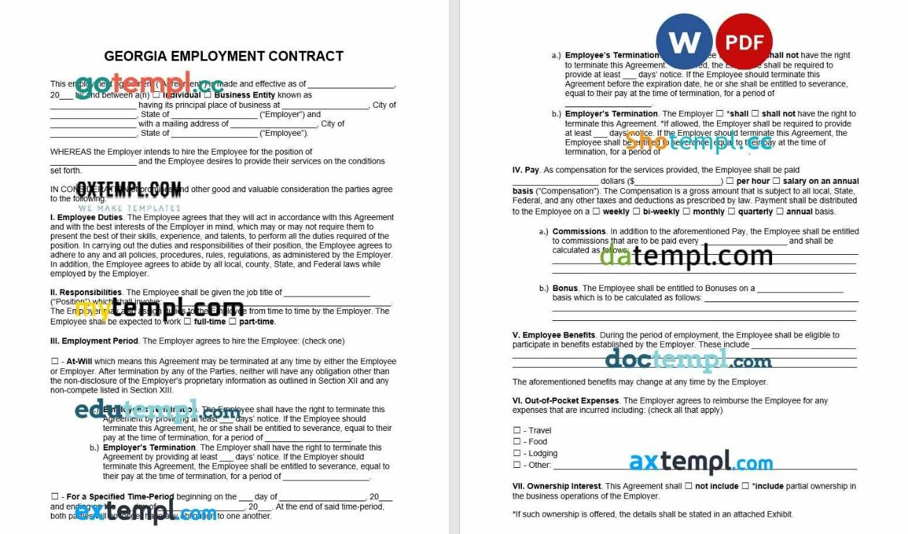 free georgia employment contract template, Word and PDF format