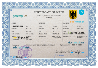 Germany vital record birth certificate PSD template, completely editable