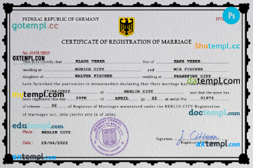 Germany marriage certificate PSD template, completely editable – gotempl.cc