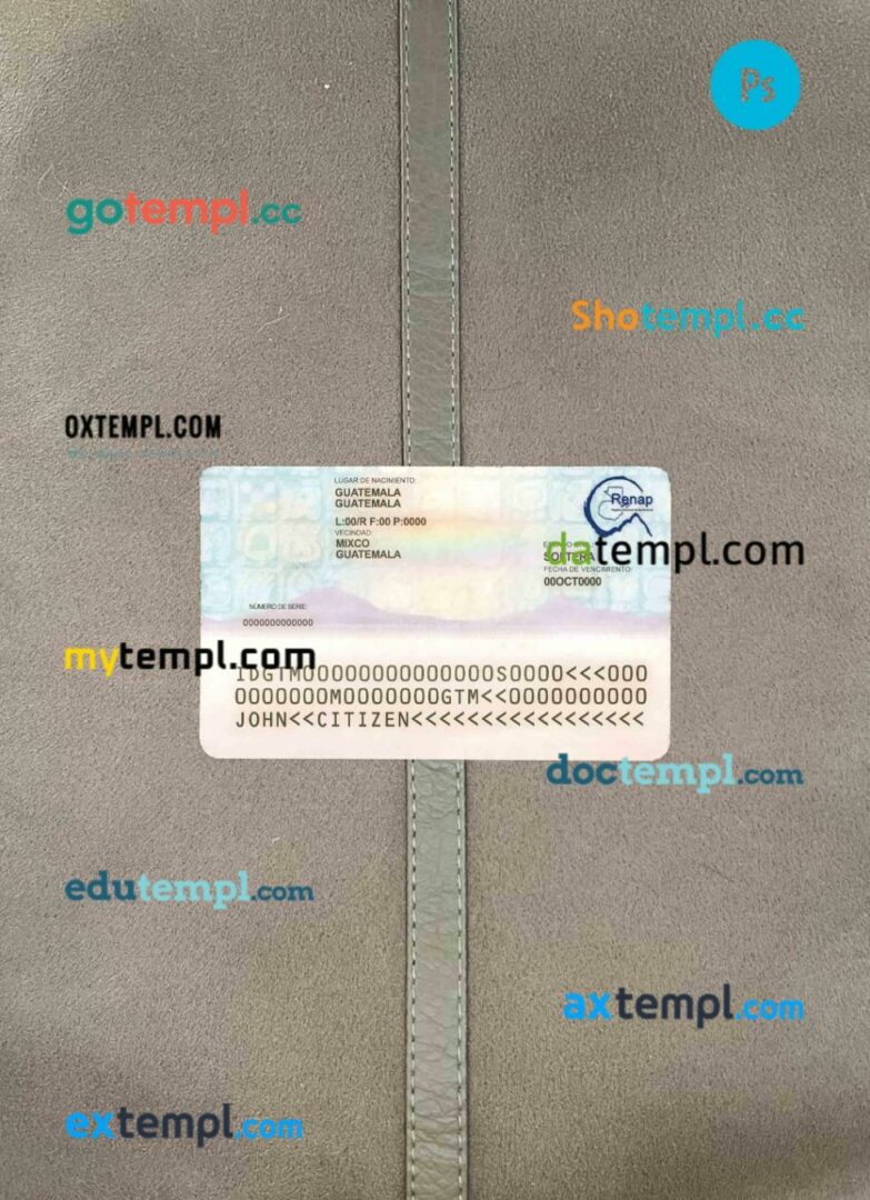 Guatemala ID card editable PSDs, scan and photo-realistic snapshot, 2 in 1