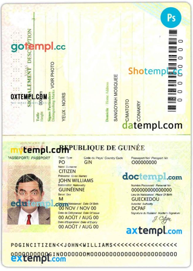 Guinea passport editable PSDs, scan and photo-realistic snapshot, 2 in 1