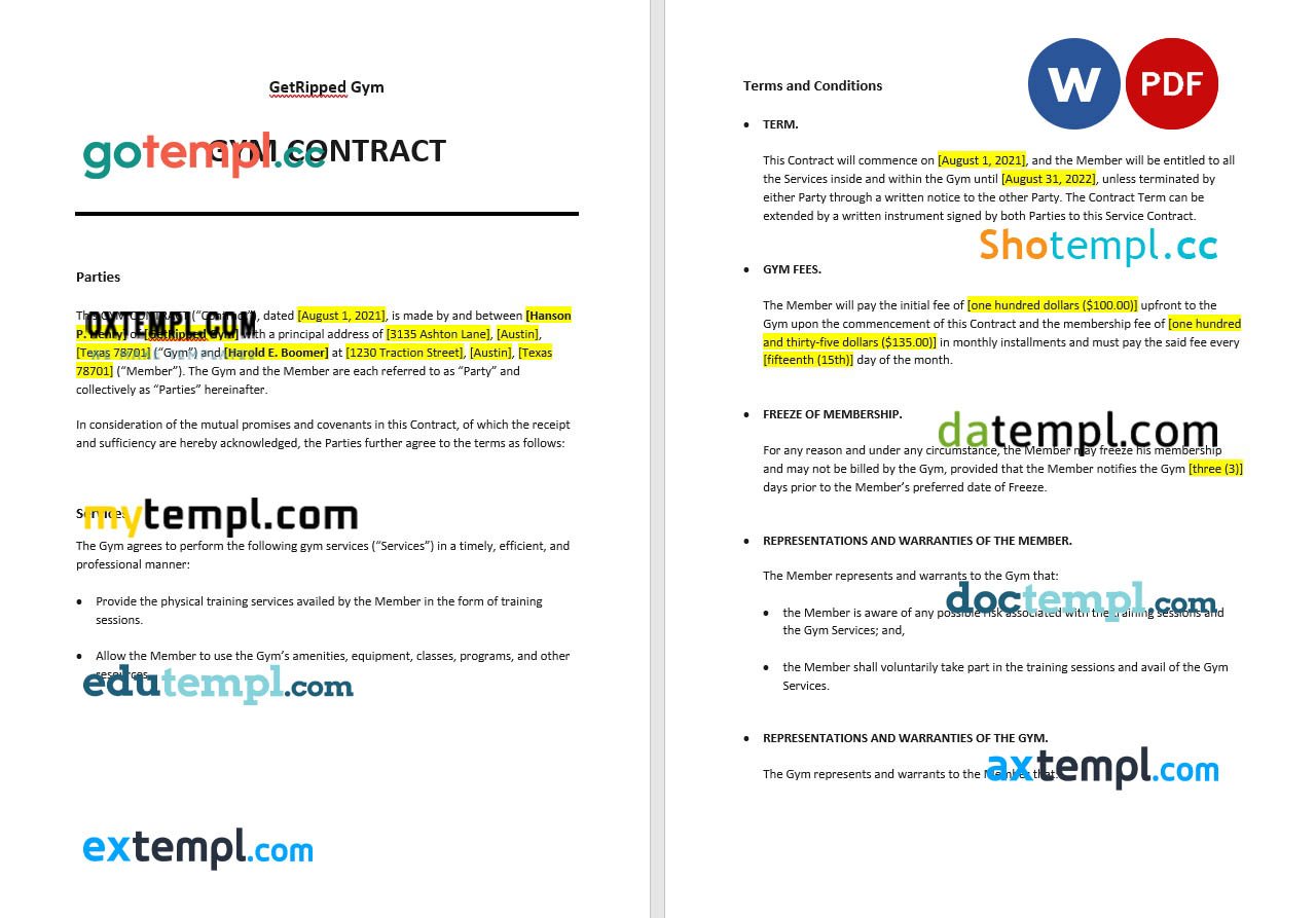 free gym contract template, Word and PDF format