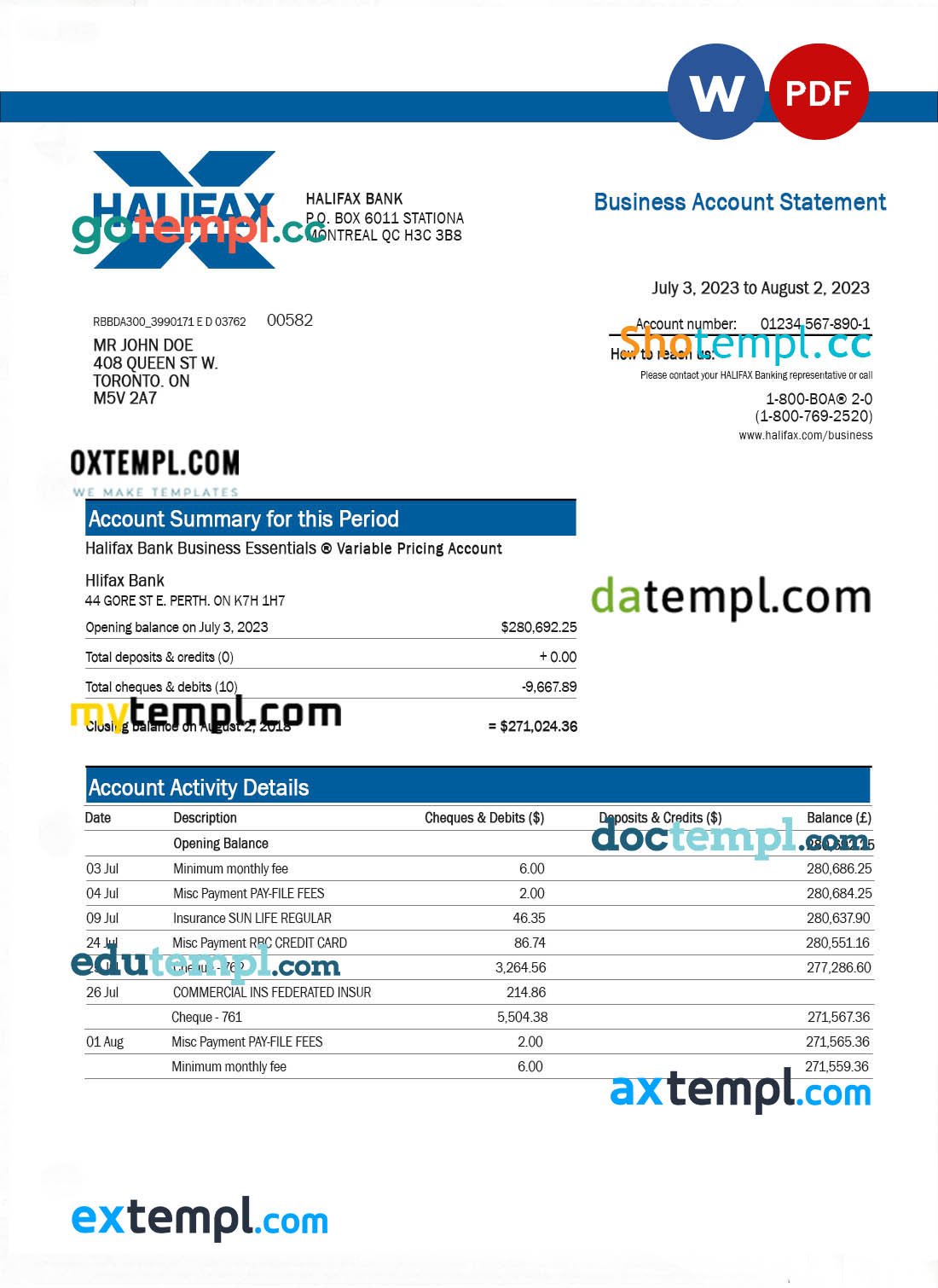 Halifax bank organization statement Word and PDF template