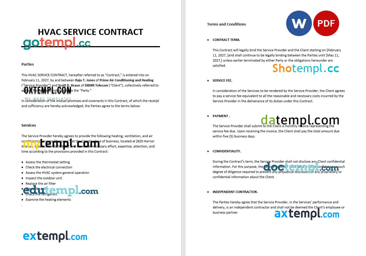 free HVAC service contract template, Word and PDF format