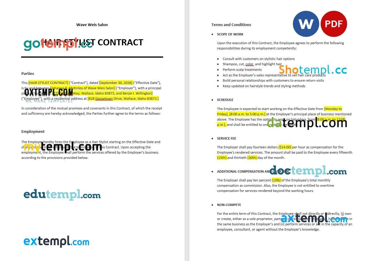 free hair stylist contract template, Word and PDF format – gotempl.cc