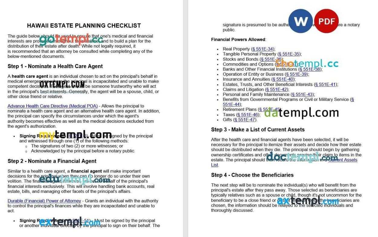 Hawaii Estate Planning Checklist example, fully editable