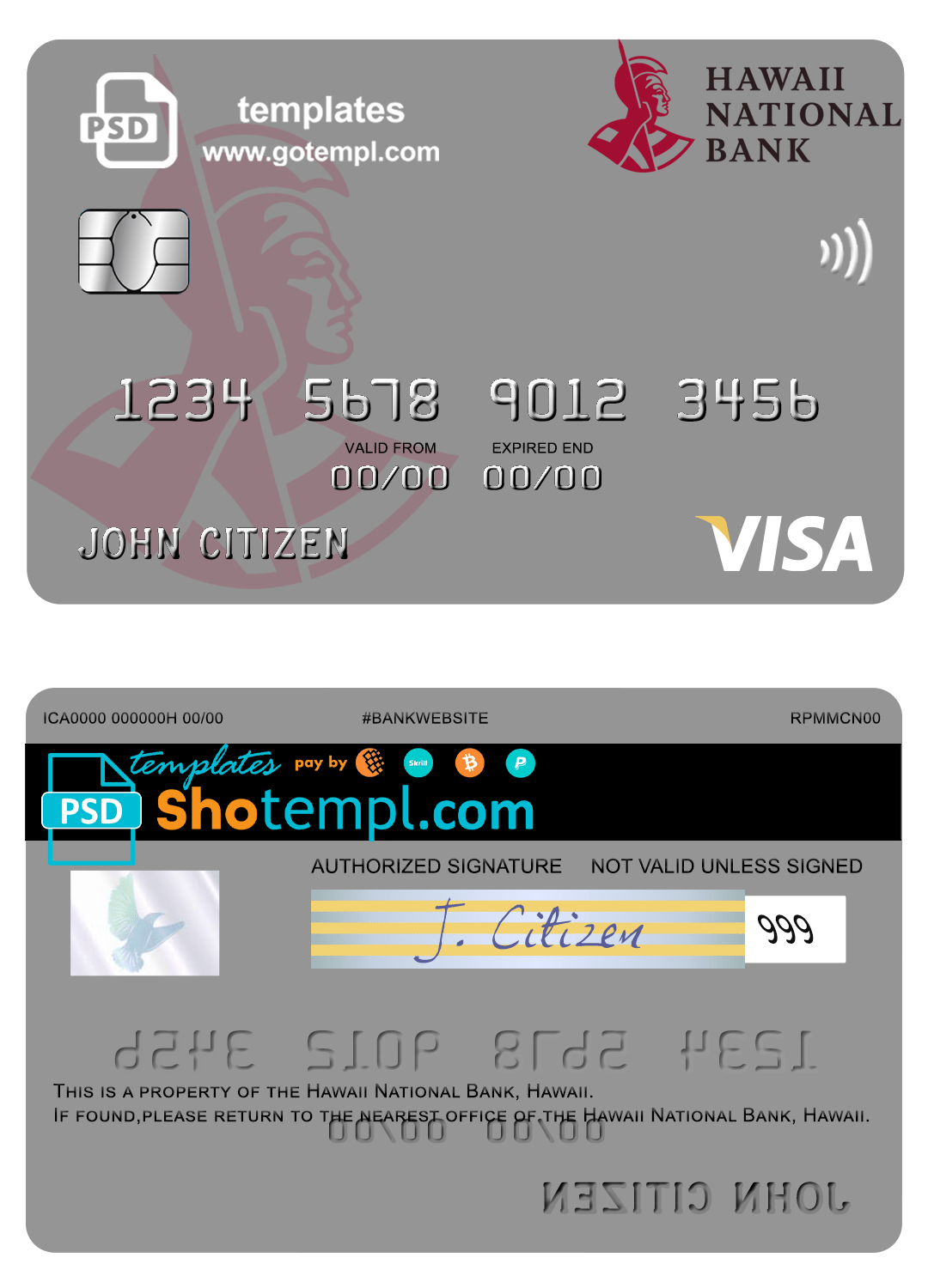 Hawaii National Bank visa card template in PSD format, fully editable