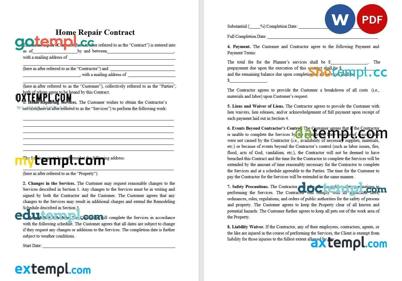 free hom repair contract template, Word and PDF format