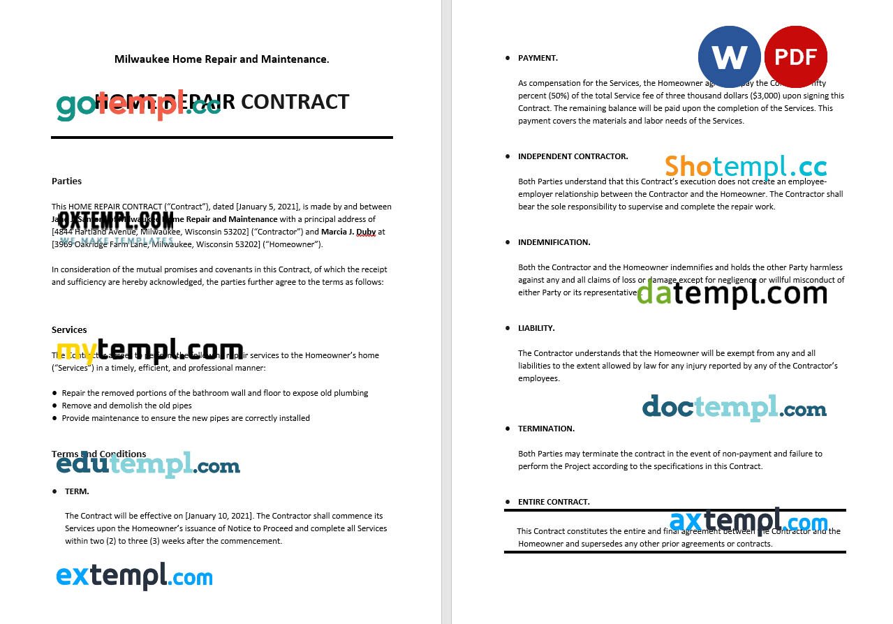free home repair contract template, Word and PDF format
