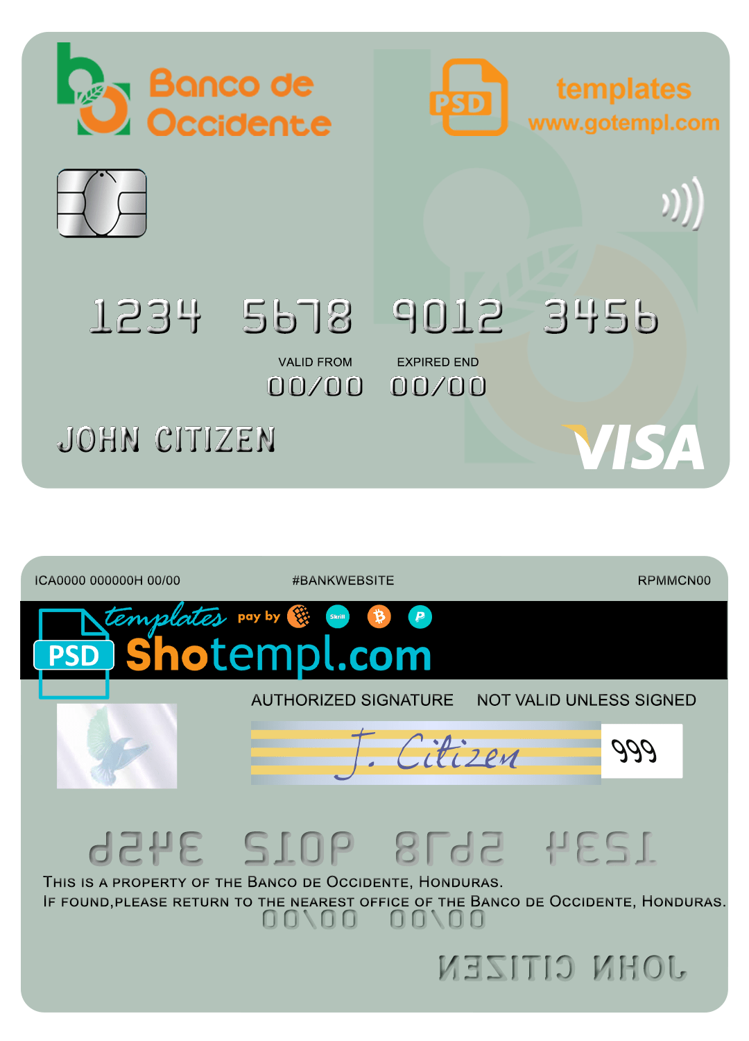 Honduras Banco de Occidente visa card template in PSD format, fully ...