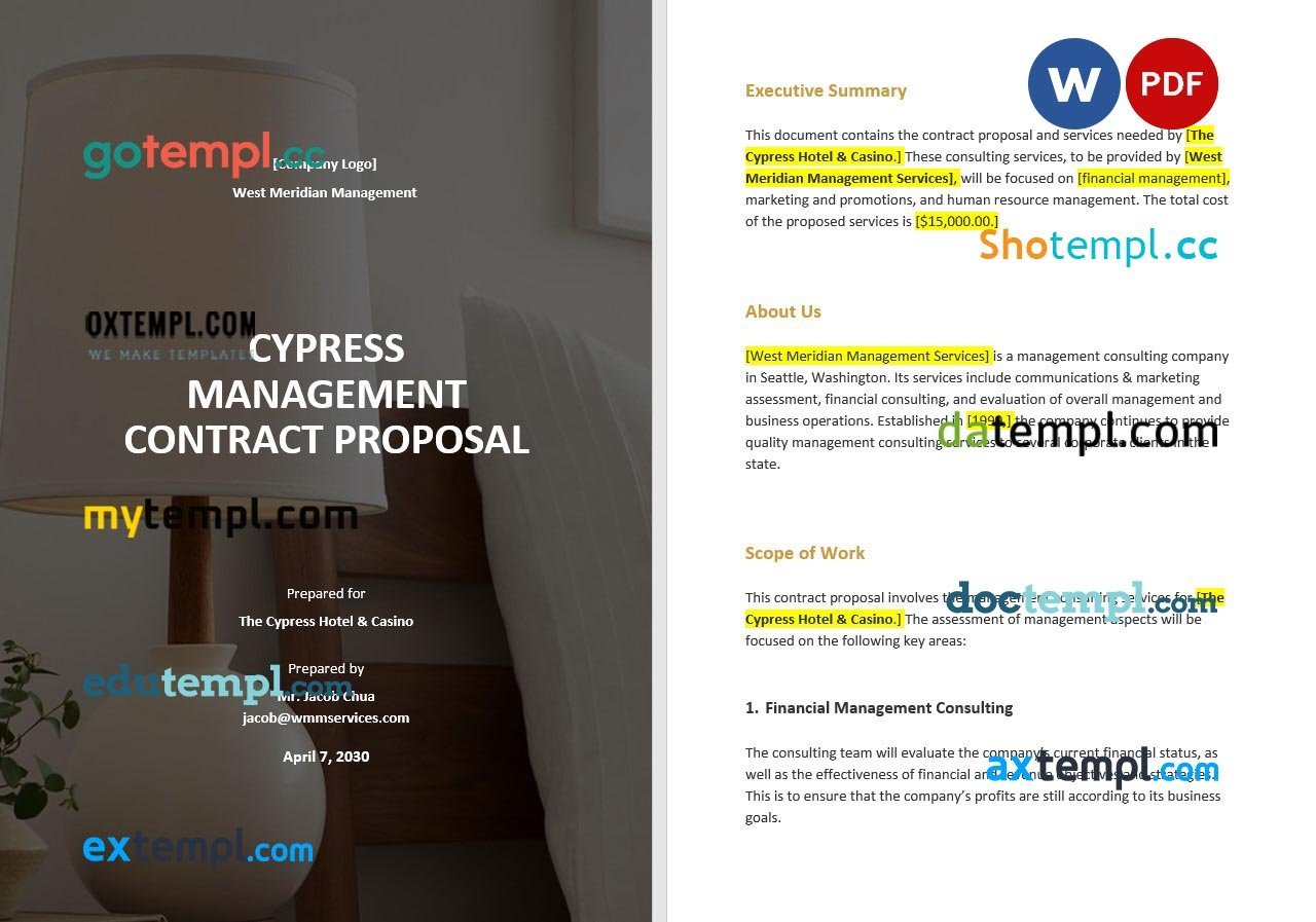 free hotel management contract proposal template, Word and PDF format