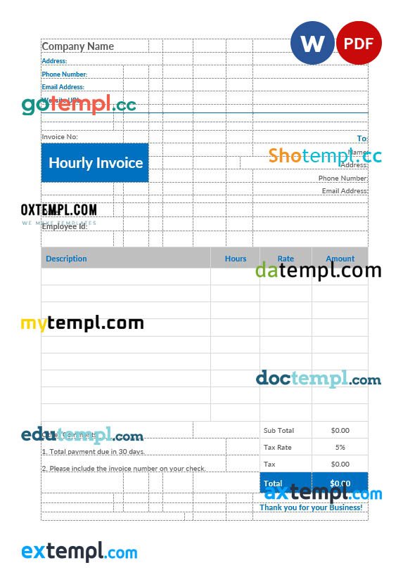 Hourly Invoice template in word and pdf format