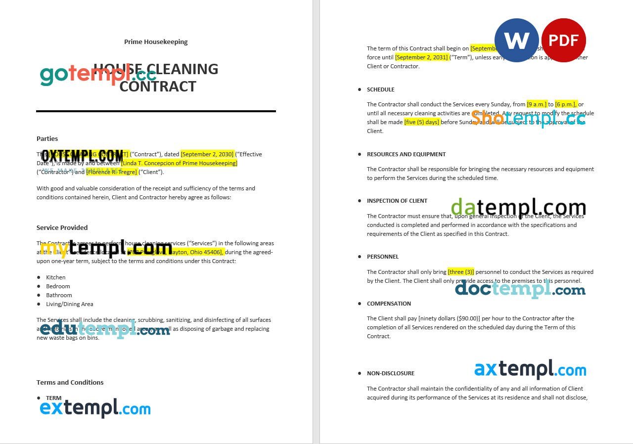 free house cleaning contract template, Word and PDF format