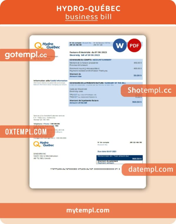 Hydro-Québec business utility bill, PDF and WORD template