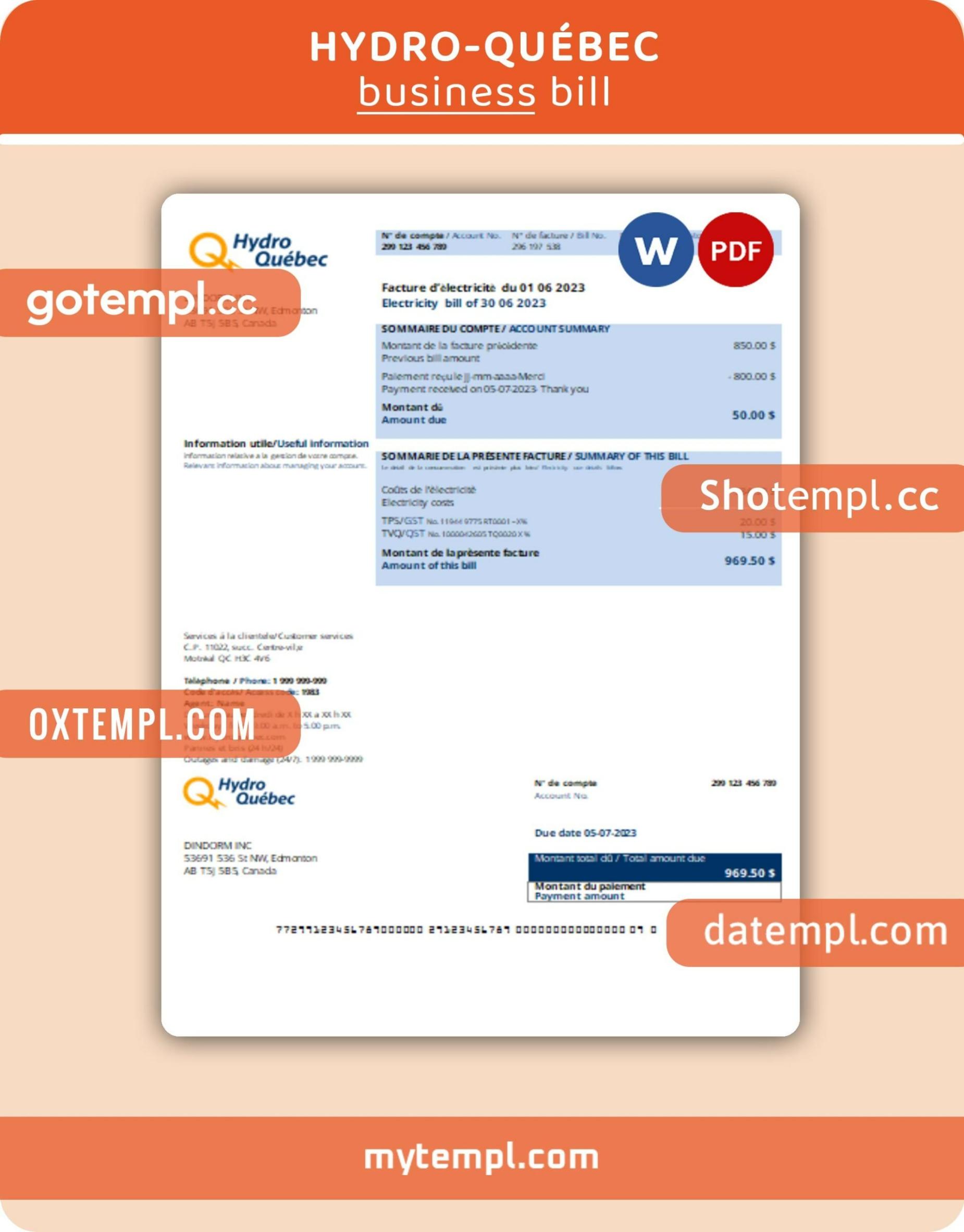 Hydro-Québec business utility bill, PDF and WORD template