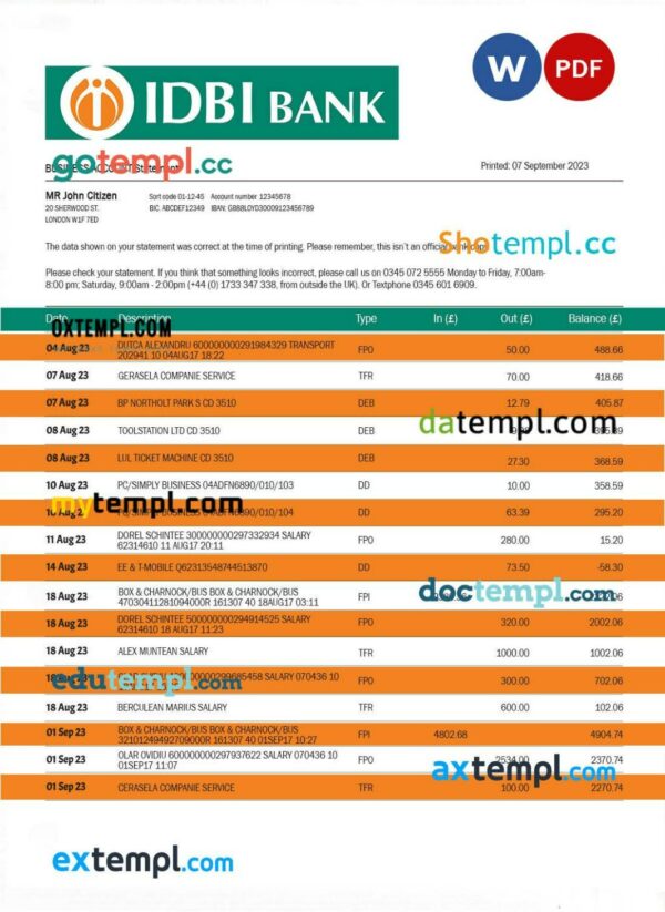 IDBI Bank enterprise account statement Word and PDF template