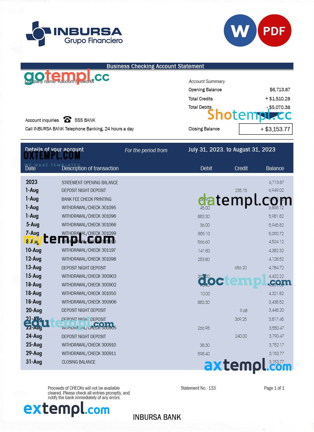 Inbursa Bank company checking account statement Word and PDF template