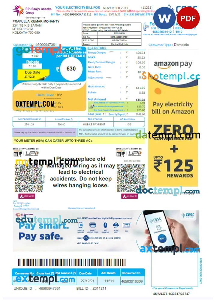 INDIA CESC LIMITED utility bill Word and PDF template, version 2