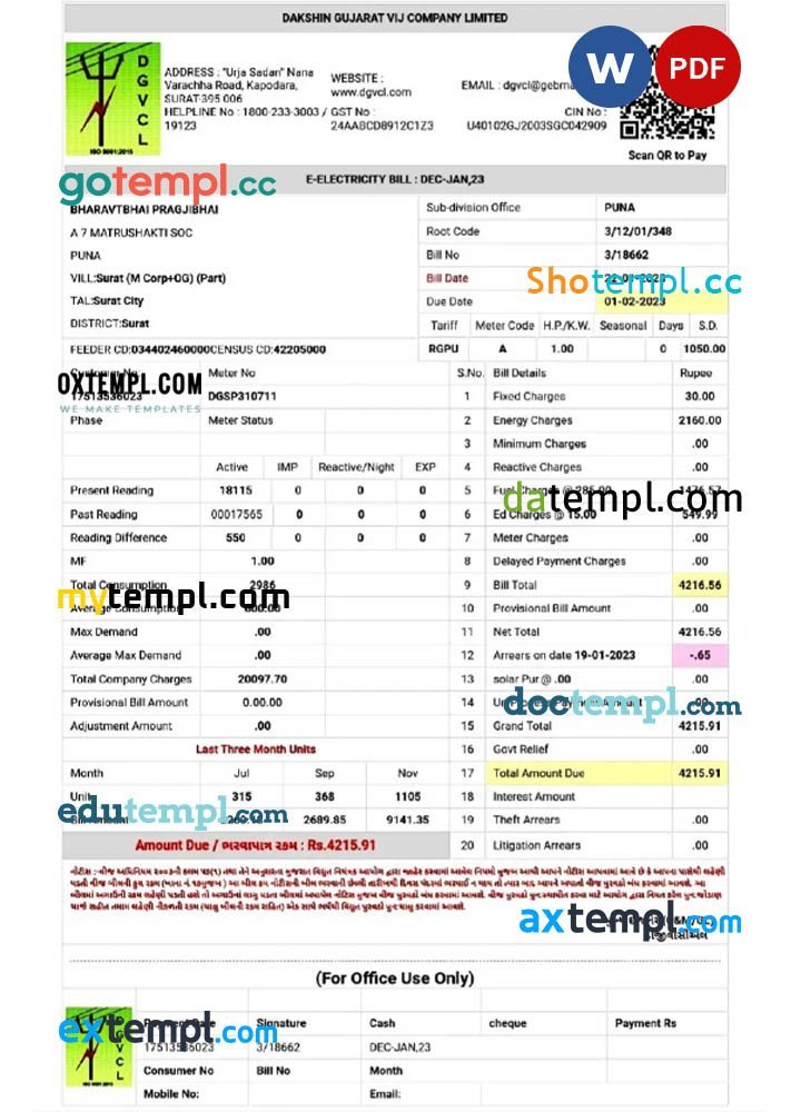 INDIA DGVCL utility bill Word and PDF template