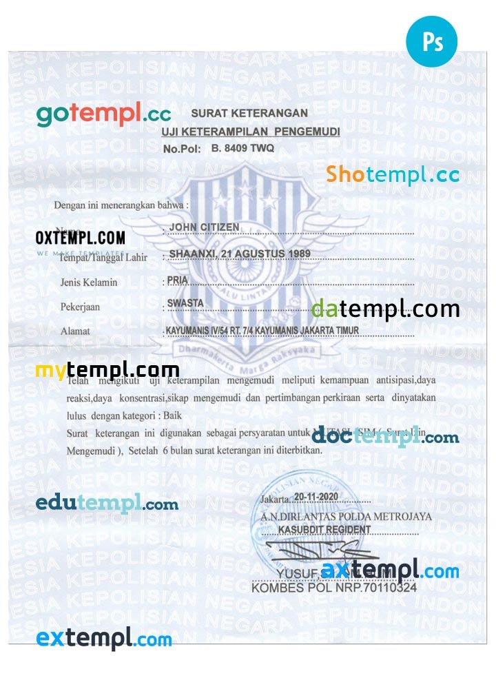Indonesia driver certificate PSD template, with fonts