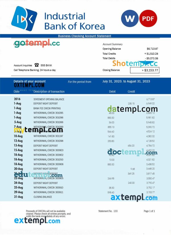 Industrial bank of Korea business statement Word and PDF template