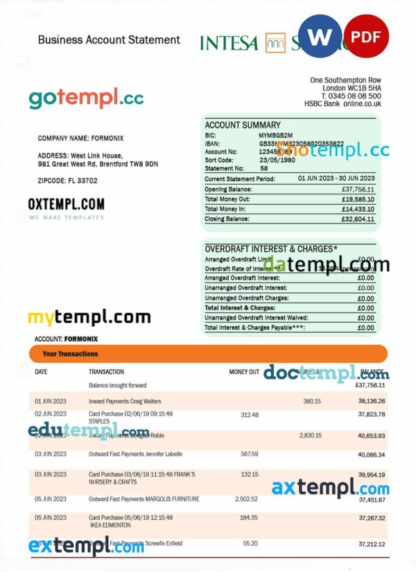 Intesa Sanpaolo Bank enterprise account statement Word and PDF template
