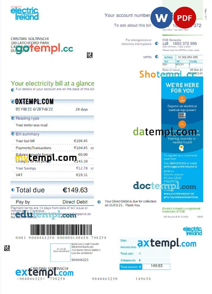 IRELAND ELECTRIC IRELAND utility bill Word and PDF template