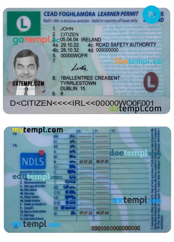 Ireland driving license (learner permit) template in PSD format, 2022 ...