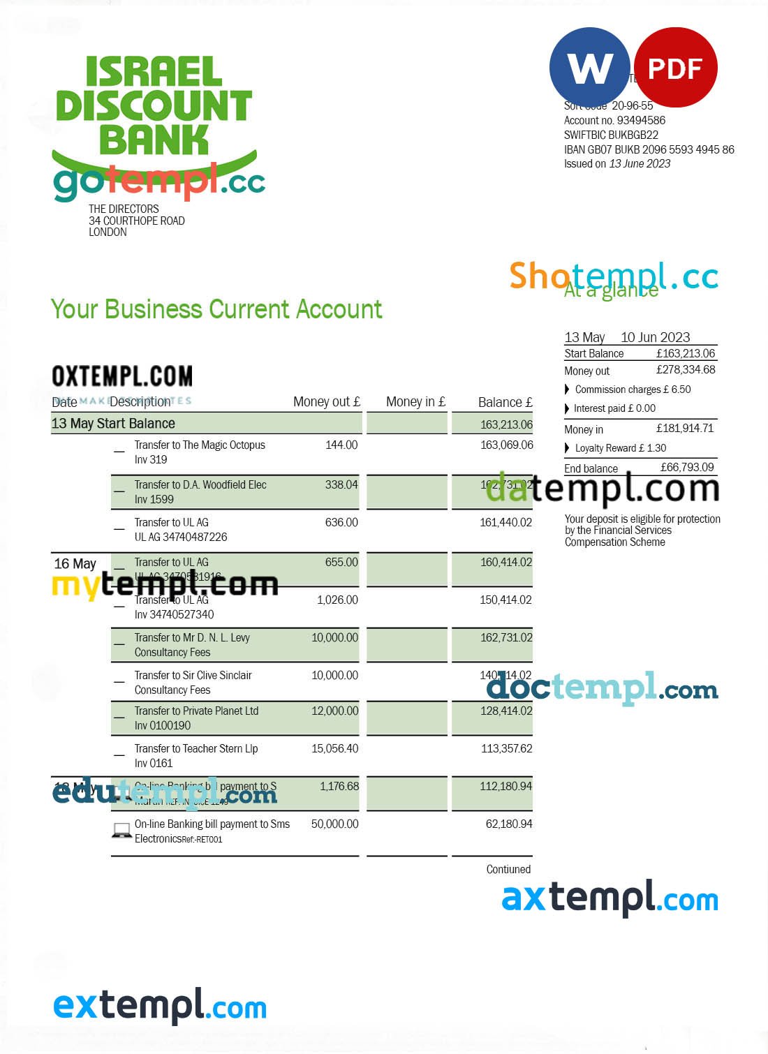 Israel Discount bank firm statement Word and PDF template