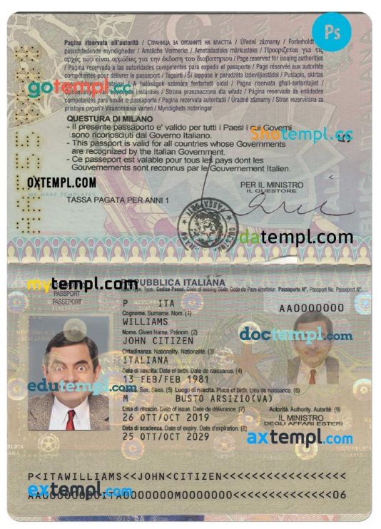 Italy passport PSD files, editable scan and photo-realistic look sample ...