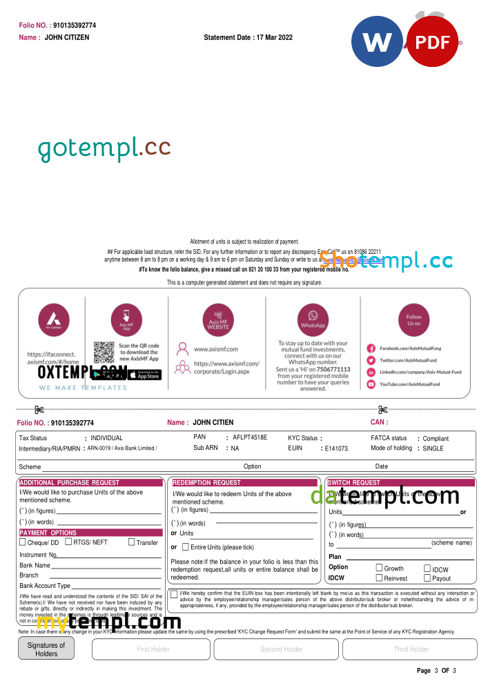 India Axis bank statement, Word and PDF template, 3 pages