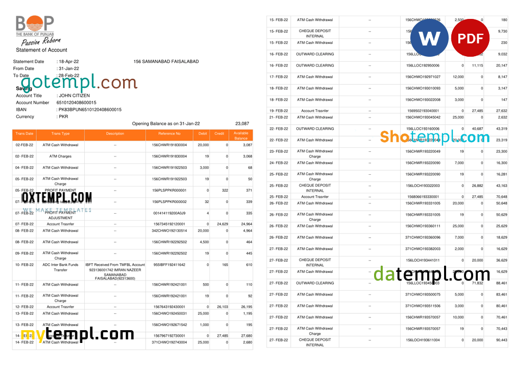 India The Bank of Punjab (BOP) account statement Word and PDF template ...