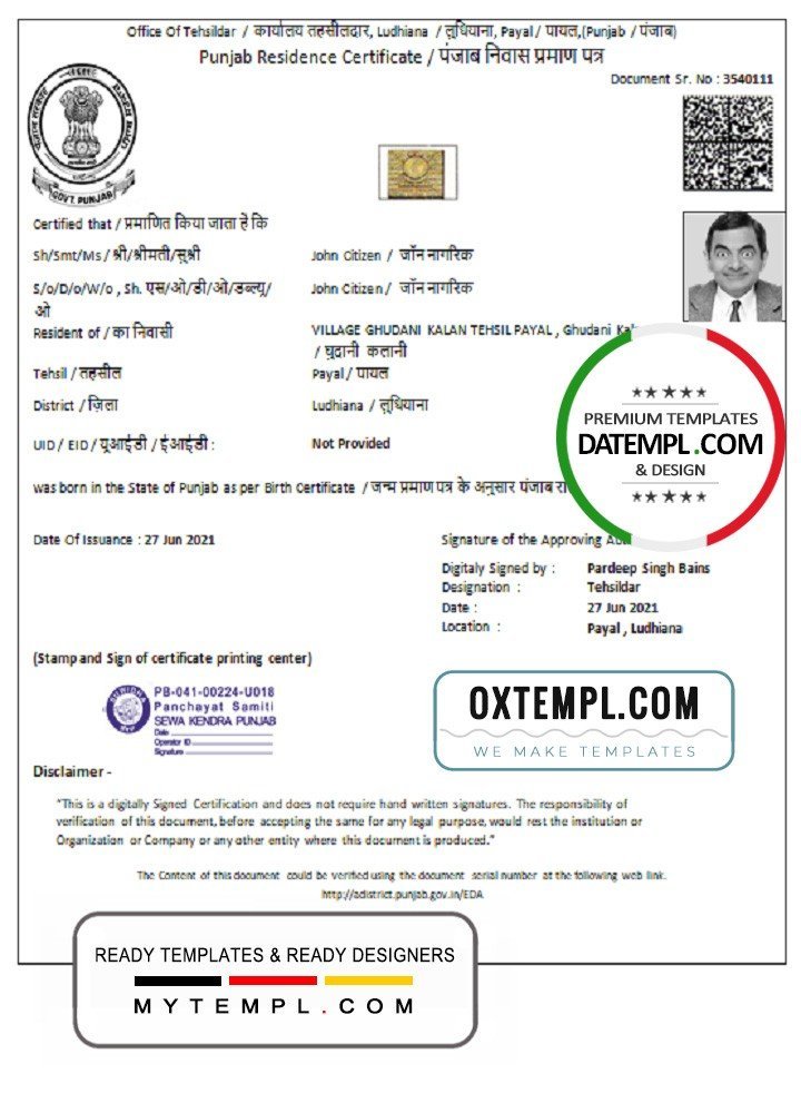 India Government of Punjab Residence Certificate template in Word and ...