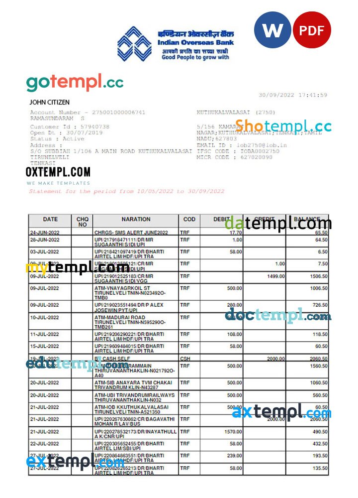 INDIA INDIAN OVERSEAS bank statement Word and PDF template