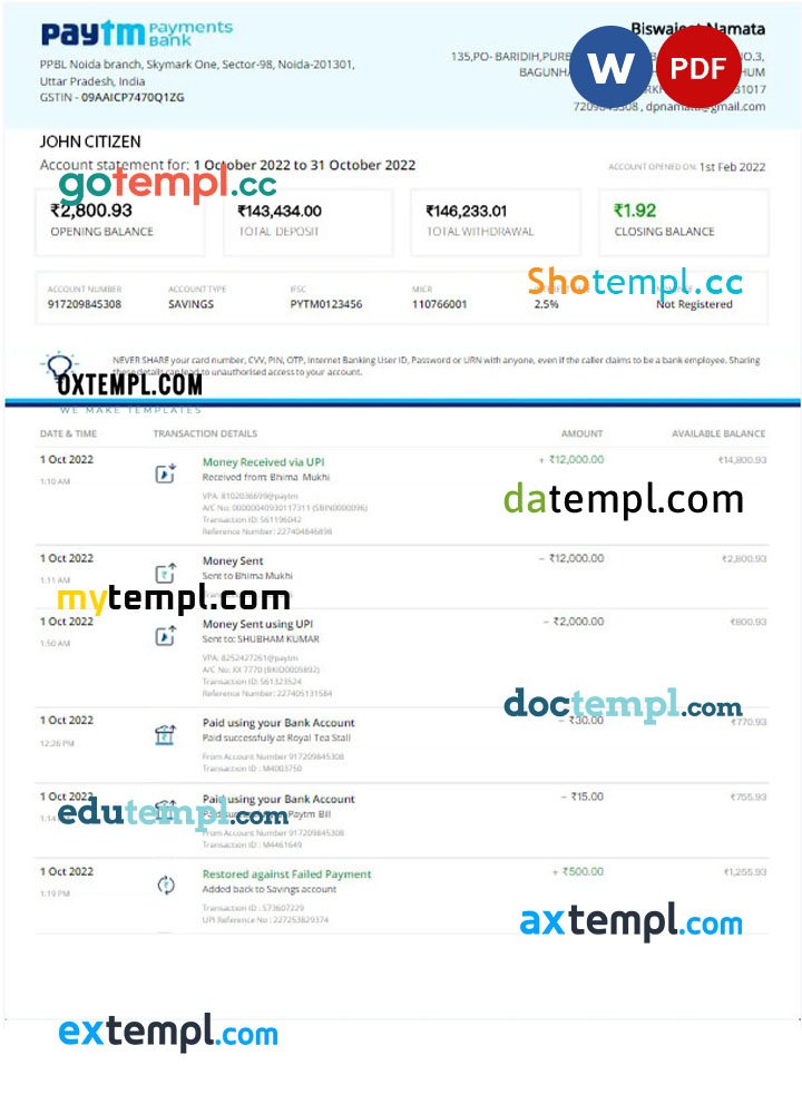 INDIA PAYTM PAYMENTS bank statement Word and PDF template
