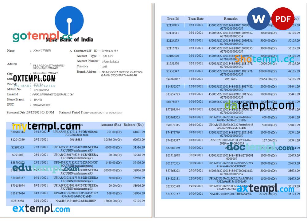 India State Bank of India bank statement Word and PDF template, 6 pages