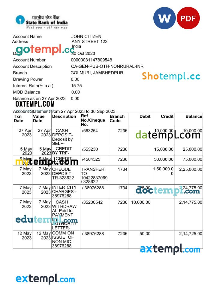 India State Bank of India bank statement Word and PDF template