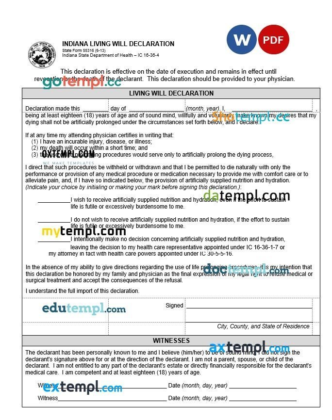 Indiana Living Will Declaration Form example, fully editable