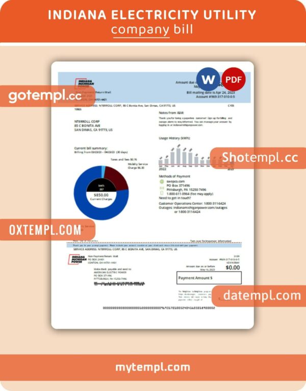 Indiana electricity business utility bill, Word and PDF template