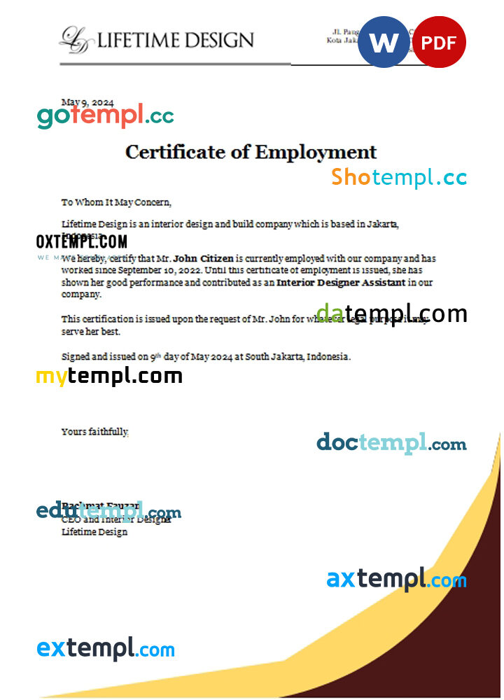 Indonesia Lifetime Design certificate of employment Word and PDF ...
