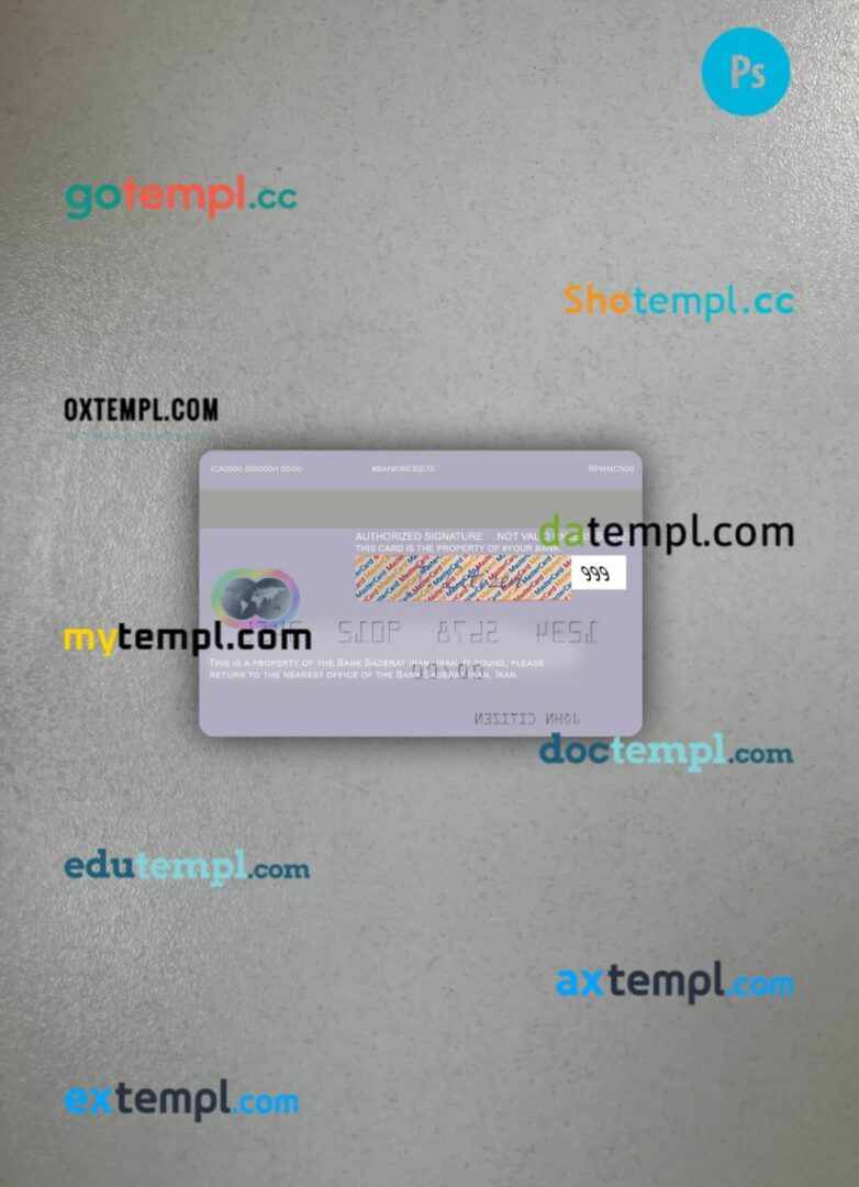 Iran Bank Saderat Iran mastercard PSD scan and photo taken image, 2 in 1