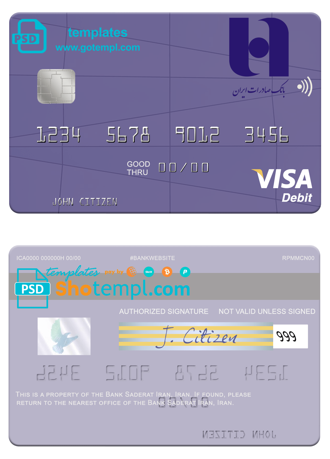 Iran Bank Saderat bank visa card template in PSD format, fully editable
