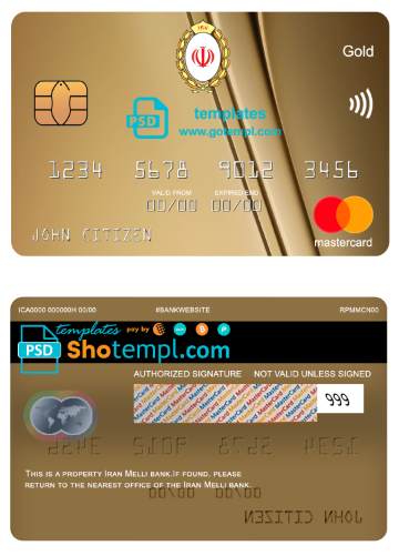 Iran Melli bank mastercard gold, fully editable template in PSD format